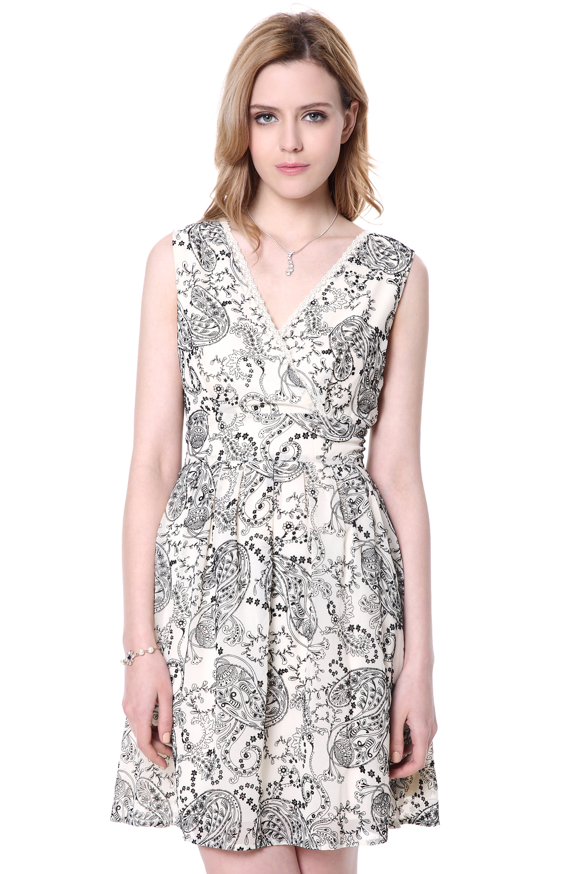 Female Printed Totem Bow-knot V Neck Sleeveless Chiffon Mini Dress on ...